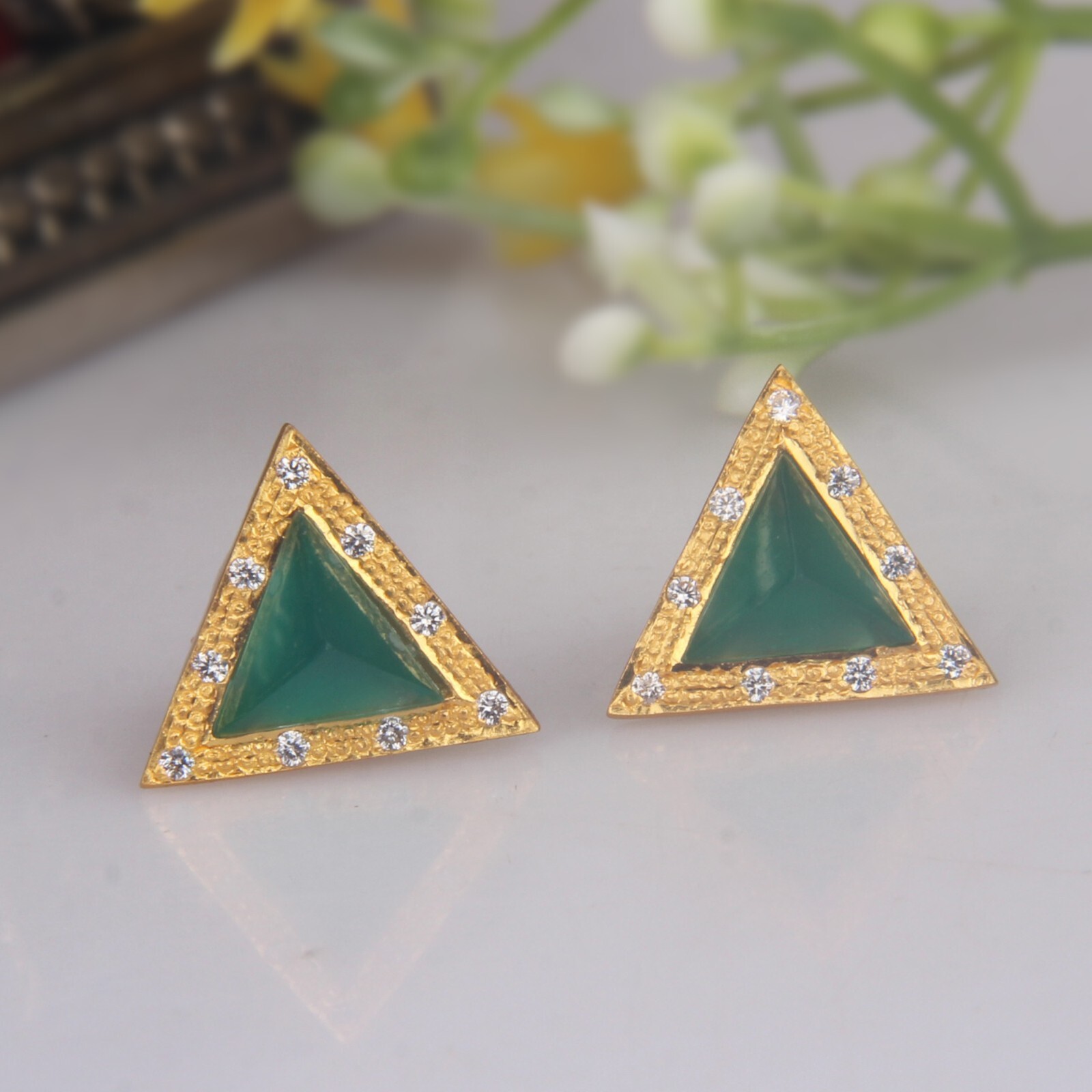 Triangle Shape Gemstone Earrings Gold Plated Green Onyx & Zircon Brass ...