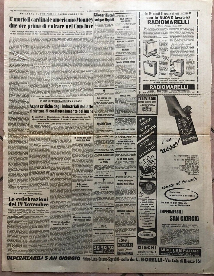 Elezione Papa giornale Il Messaggero originale 26 ottobre 1958 | eBay
