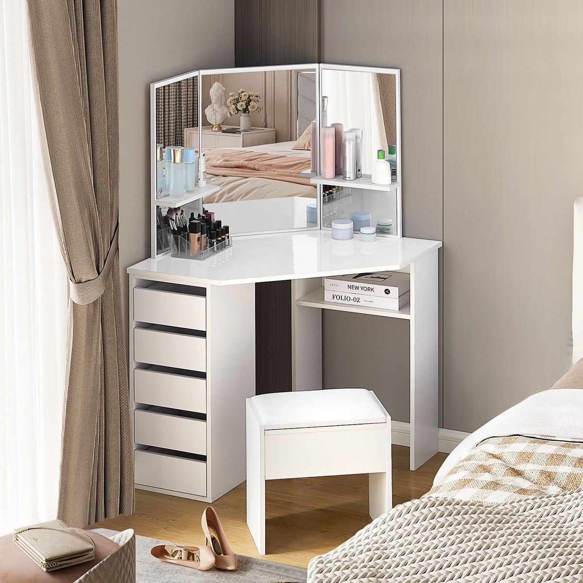 Corner Makeup Vanity AMOCHO Corner Makeup Table With Lighted Mirror,