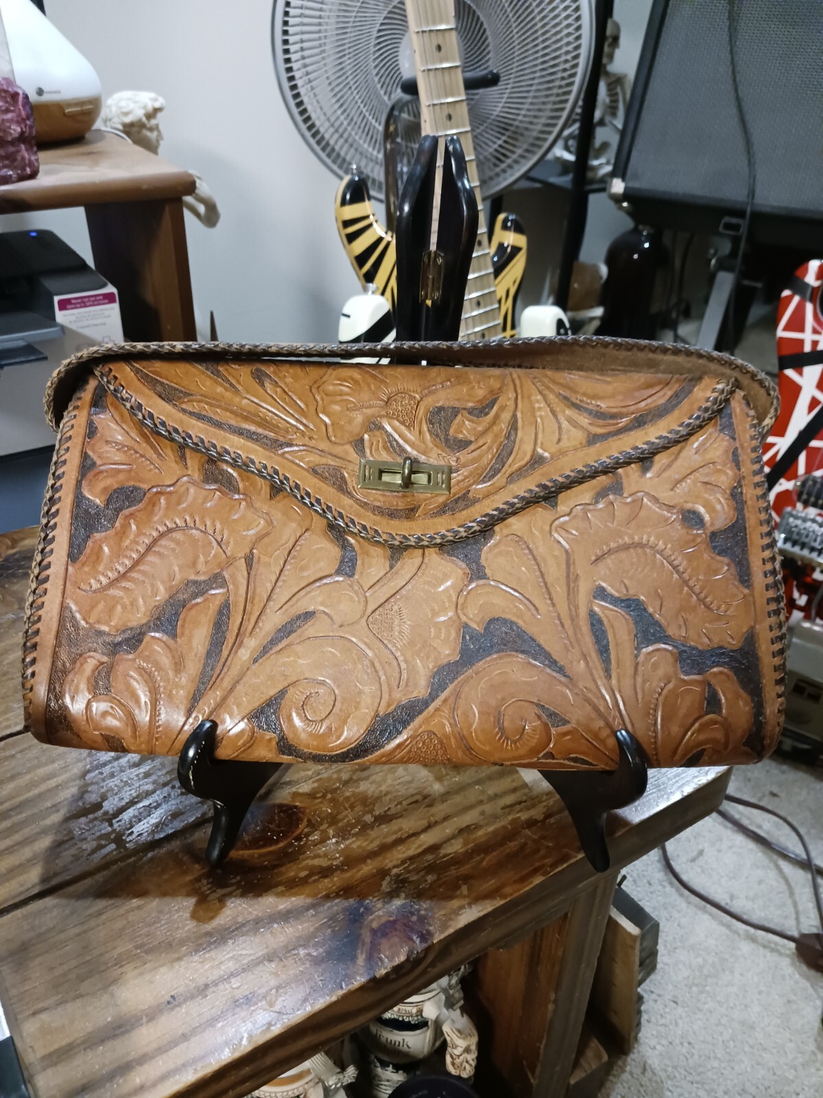 VTG. 60S/70 Hand Made & Tooled Flowers Floral Brown L… - Gem