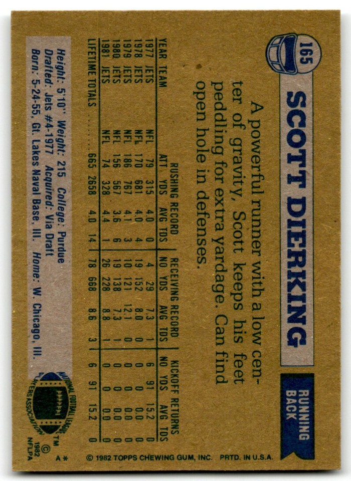 1982 TOPPS SCOTT DIERKING NEW YORK JETS #165 | eBay