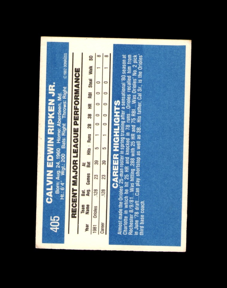 1982 Donruss #405 Cal Ripken Jr RC ROOKIE Orioles EX *2290 | eBay