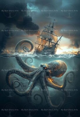 THE KRAKEN ART PRINT, Fantasy Octopus Decor, Pirate Ship Decor Gothic ...
