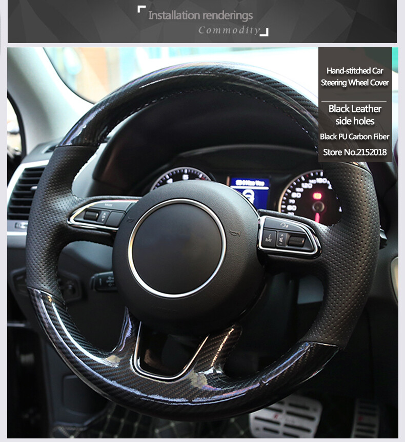 Black Leather Black PU Carbon Fiber Car Steering Wheel Cover for Audi ...