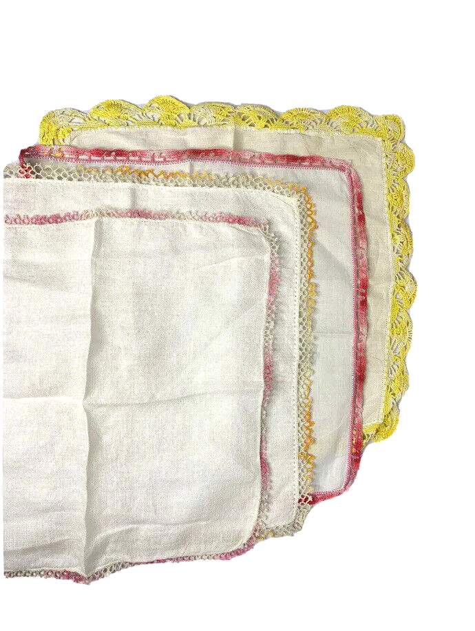 Vintage Small Womens Cotton Handkerchiefs Yellow Pink Embroidered Trim ...