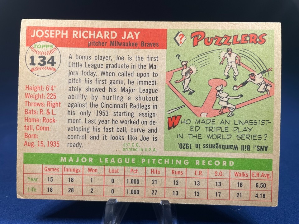 1955 Topps Baseball Card Joe Jay #134 Milwaukee Braves | eBay