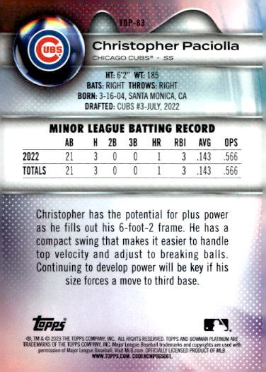 2023 Bowman Platinum Baseball Christopher Paciolla #TOP-83 | eBay