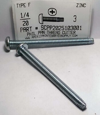 1/4-20X3 Pan Phillips Thread Cutting Screws Type F Steel Zinc Plated ...