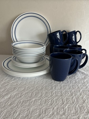 Corelle Classic Cafe Dark Blue 3 Stripes Service For 6 W/ 8 Stoneware ...