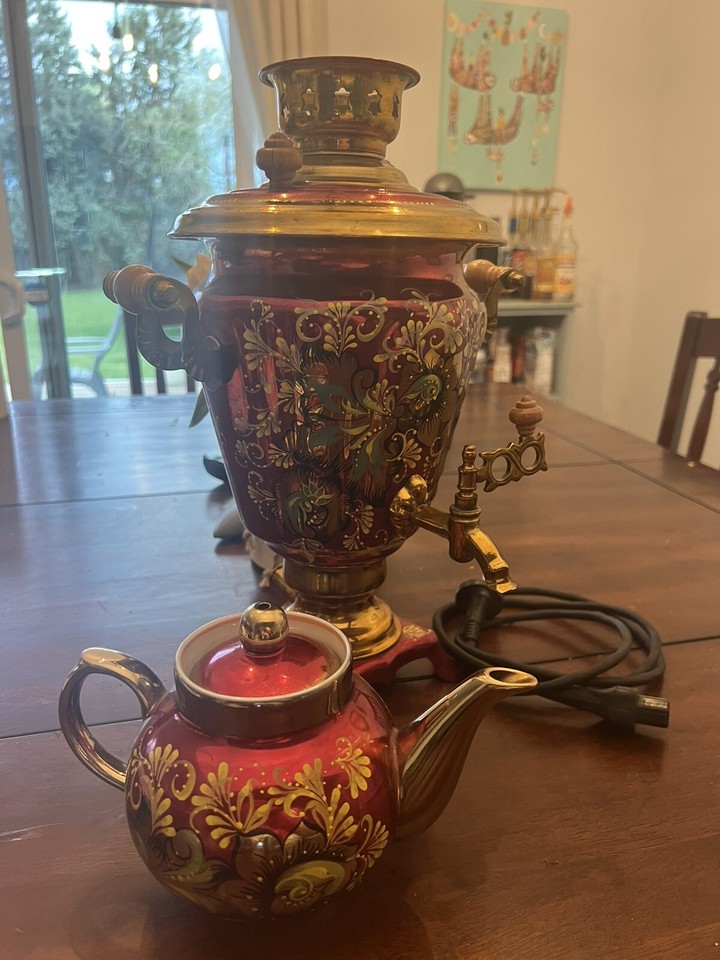 Vintage Russian Samovar w/ Teapot Floral Electric red n gold Wooden ...