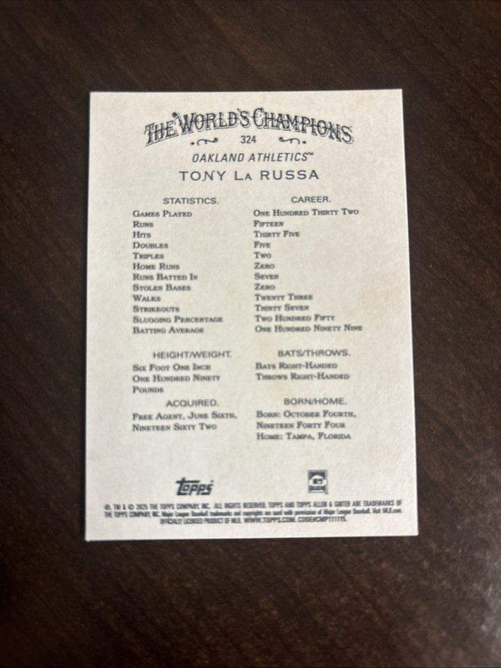 2025 Allen & Ginter #324 Tony La Russa High Number SP A’s | eBay