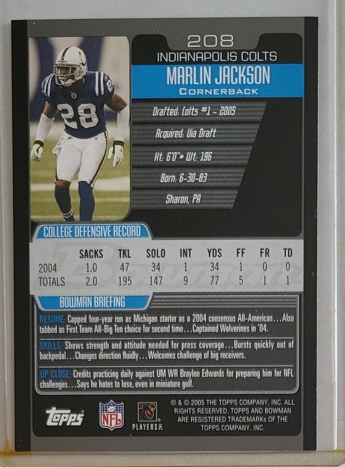 2005 Bowman Rookie #208 Marlin Jackson Indianapolis Colts Football Card ...