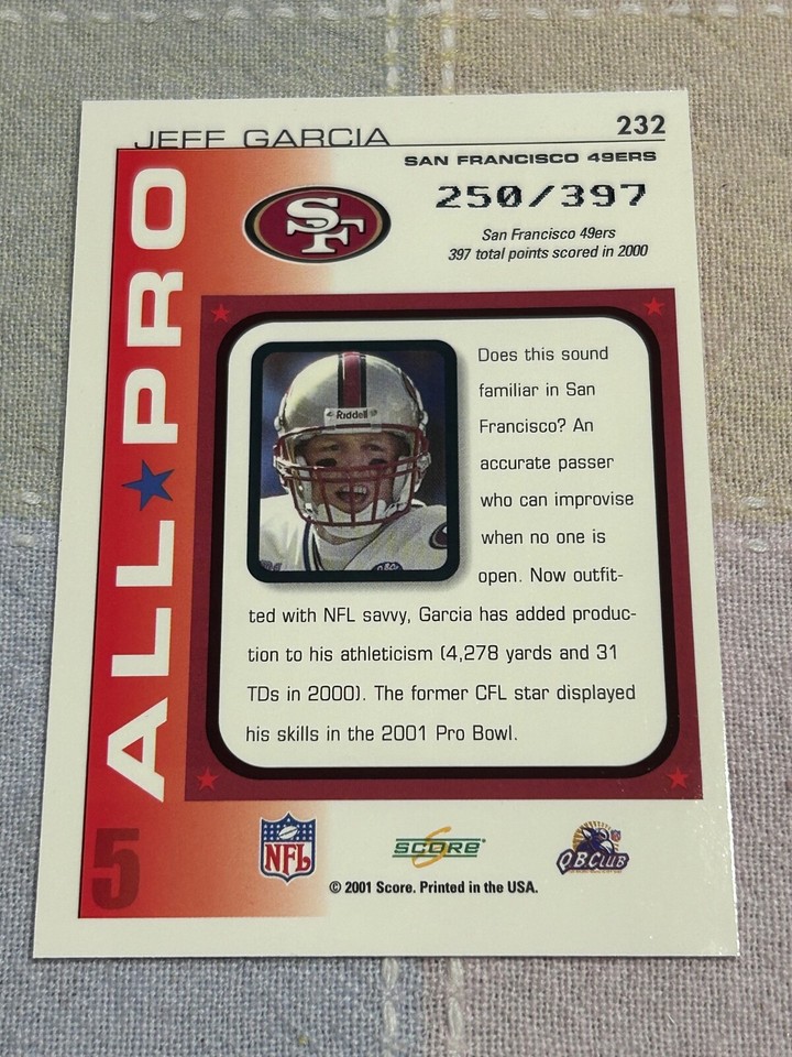 2001 Score All Pro Short Printed Scorecard 250/397 Jeff Garcia #232 ...