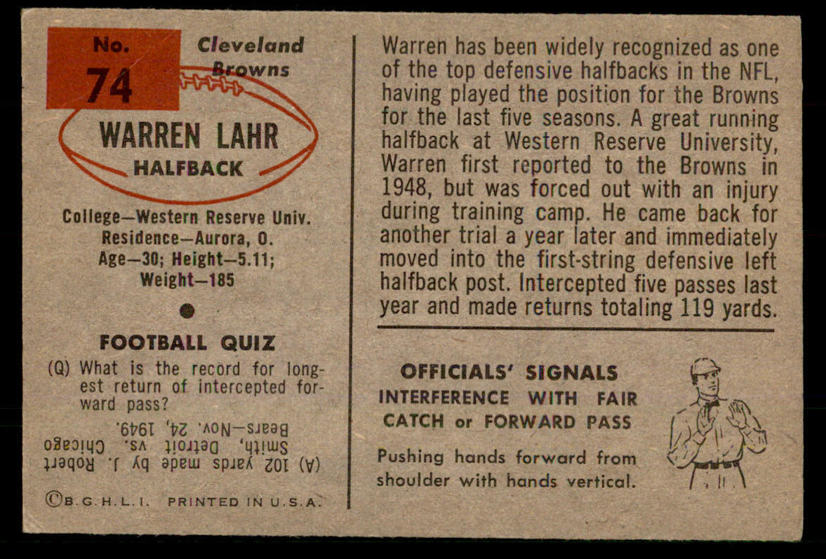 1954 Bowman - #74 Warren Lahr (RC) for sale online | eBay