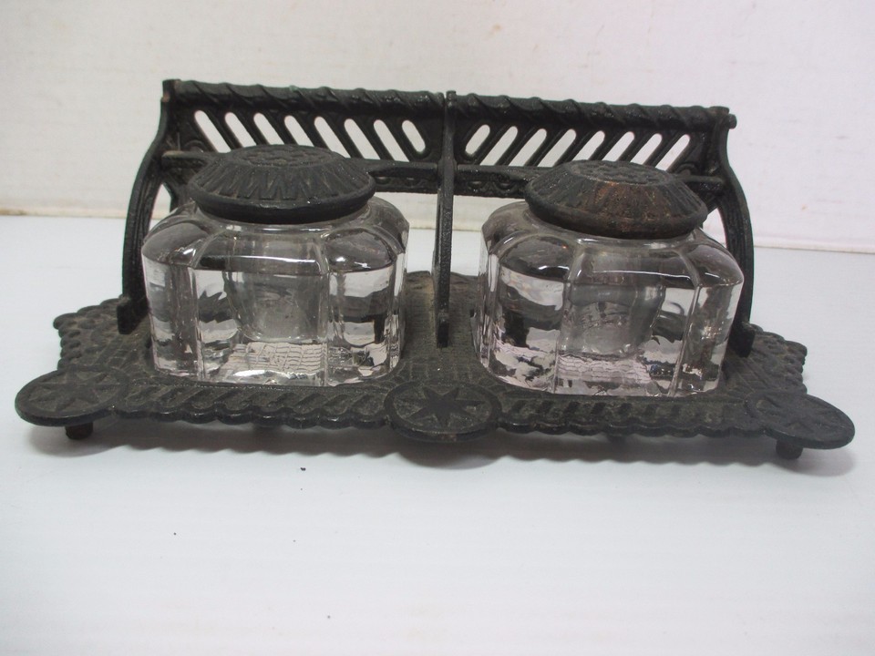 Vtg. Large Cast Iron Inkwell Set with 2 Glass Ink Wells on Cast Iron ...