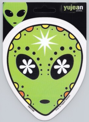 Green Big Eye Alien Sugar Skull Head Die-Cut Decal Sticker New Grey UFO ...