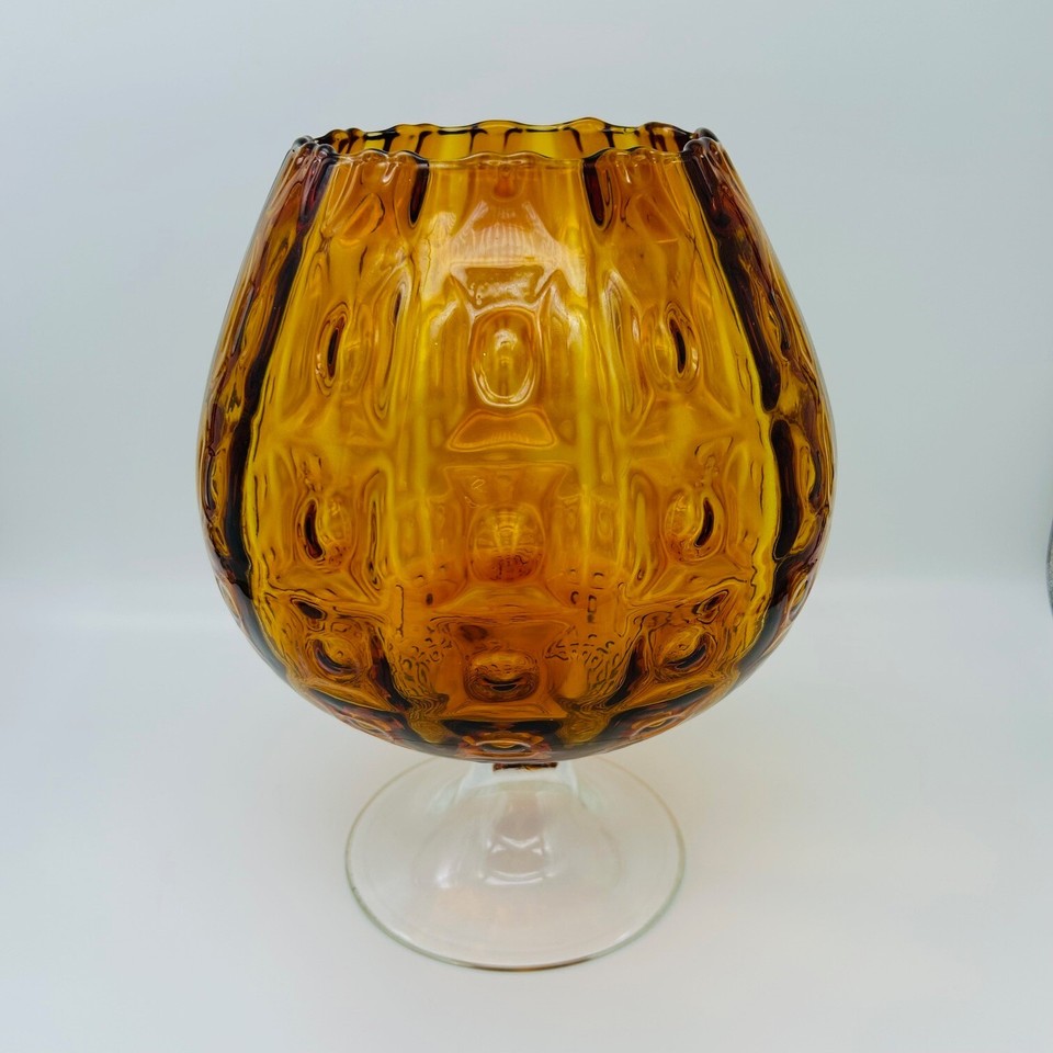 Vtg Blown Glass 11 inch Brandy Snifter Vase Amber Block Pattern w Clear ...