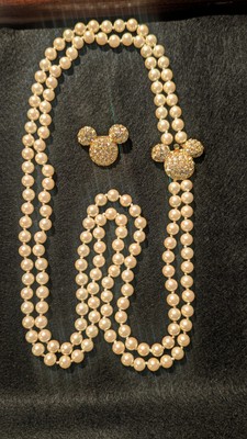 Vtg Disney Mickey Mouse Rhinestone Faux Pearl Double Strand Necklace ...