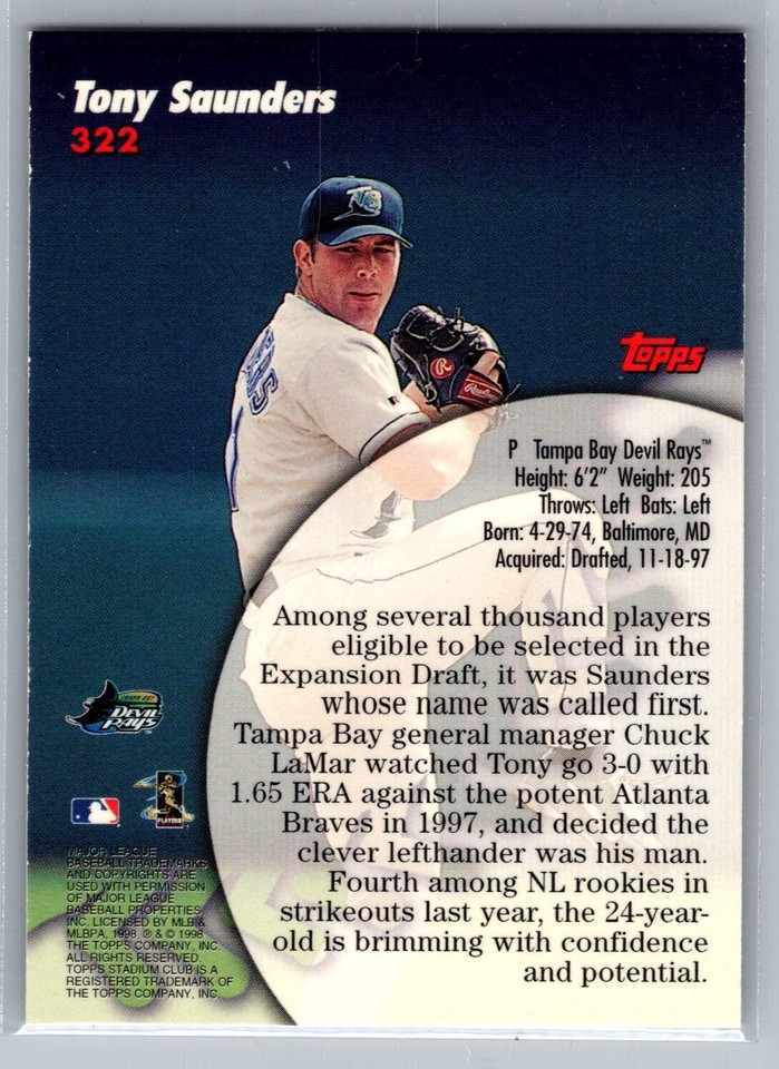 1998 TOPPS STADIUM CLUB CARD # 322 Tony Saunders - Tampa Bay Devil Rays ...
