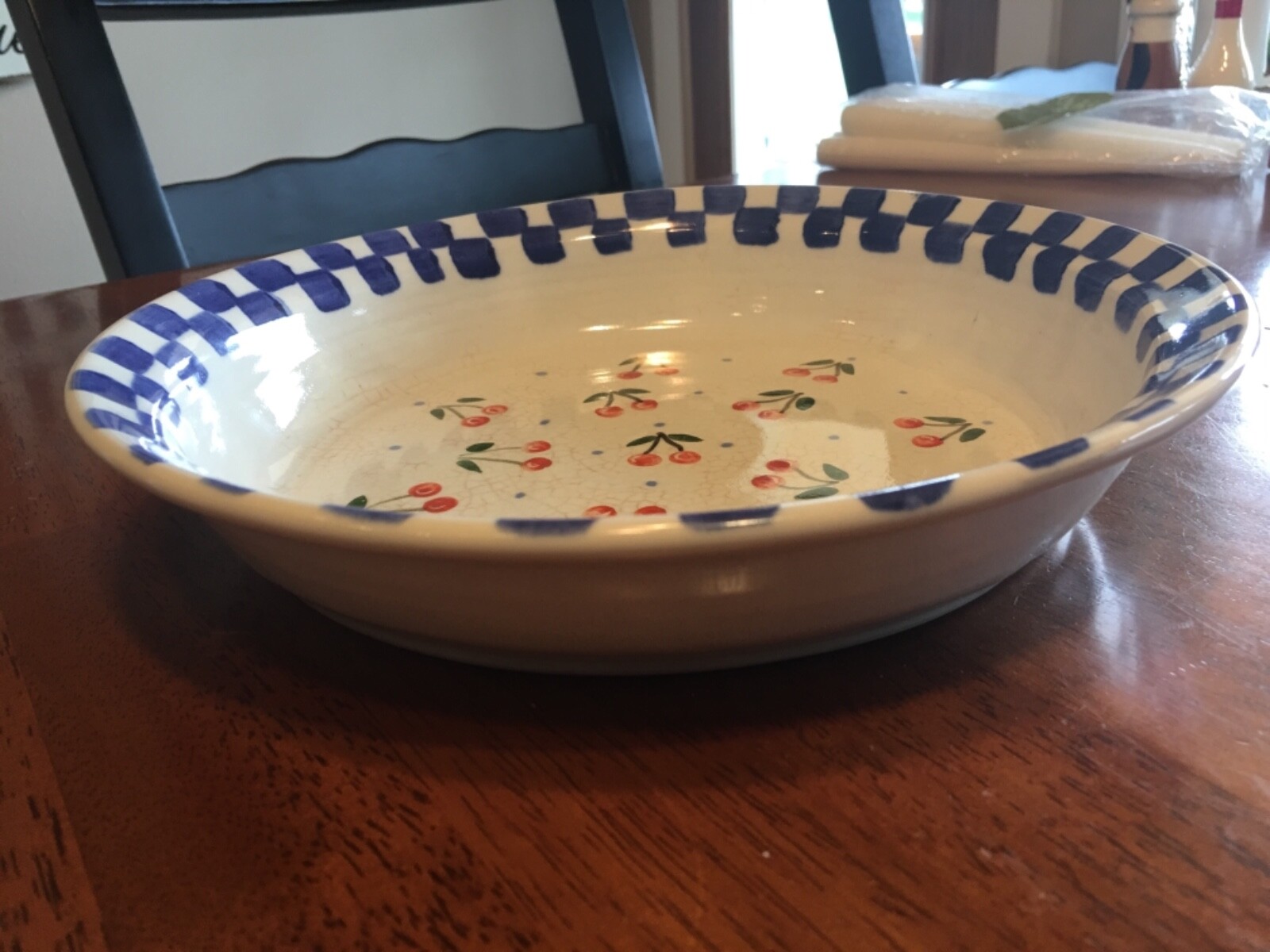 Handmade Ceramic Pie Plate Dish Cherries Blue Checkers Farmhouse Cherry ...