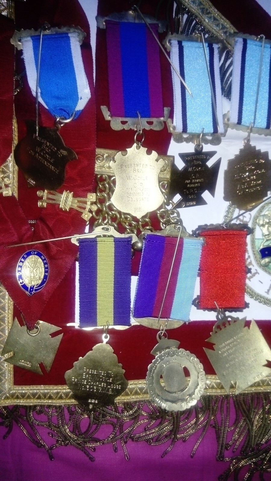 Vintage RAOB KOM regalia: apron, sash, collarette, cuffs, 7 breast ...