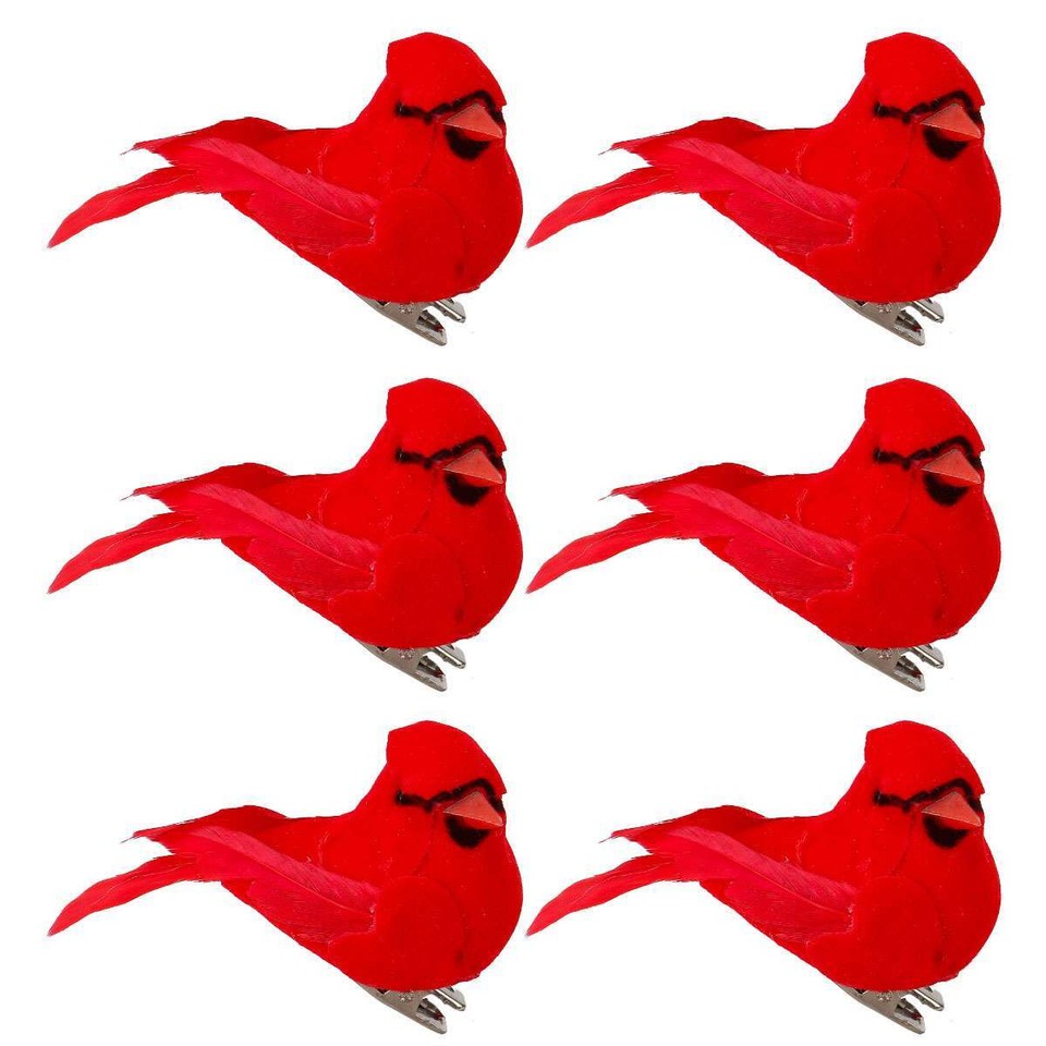 Decorative Red Bird Ornaments Clip-on Red 6Pcs Cardinals Feathered ...