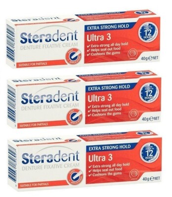 * 3 x Steradent Denture Fixative Cream Extra Stong Hold Ultra 3 40g | eBay