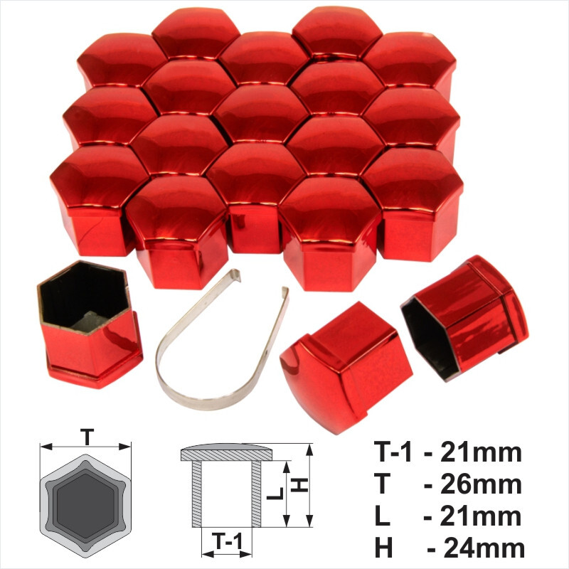 21mm Chrome Red Alloy Wheel Nut Bolt Covers Caps Metal Removal Tool Set ...