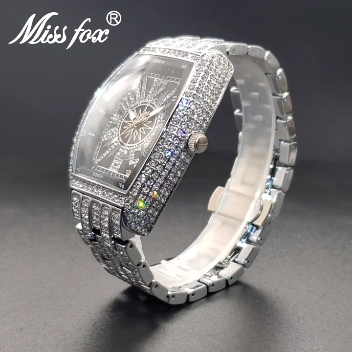 Men's Ice Out Watch Quartz Waterproof Stainless Steel Diamond Silver ...