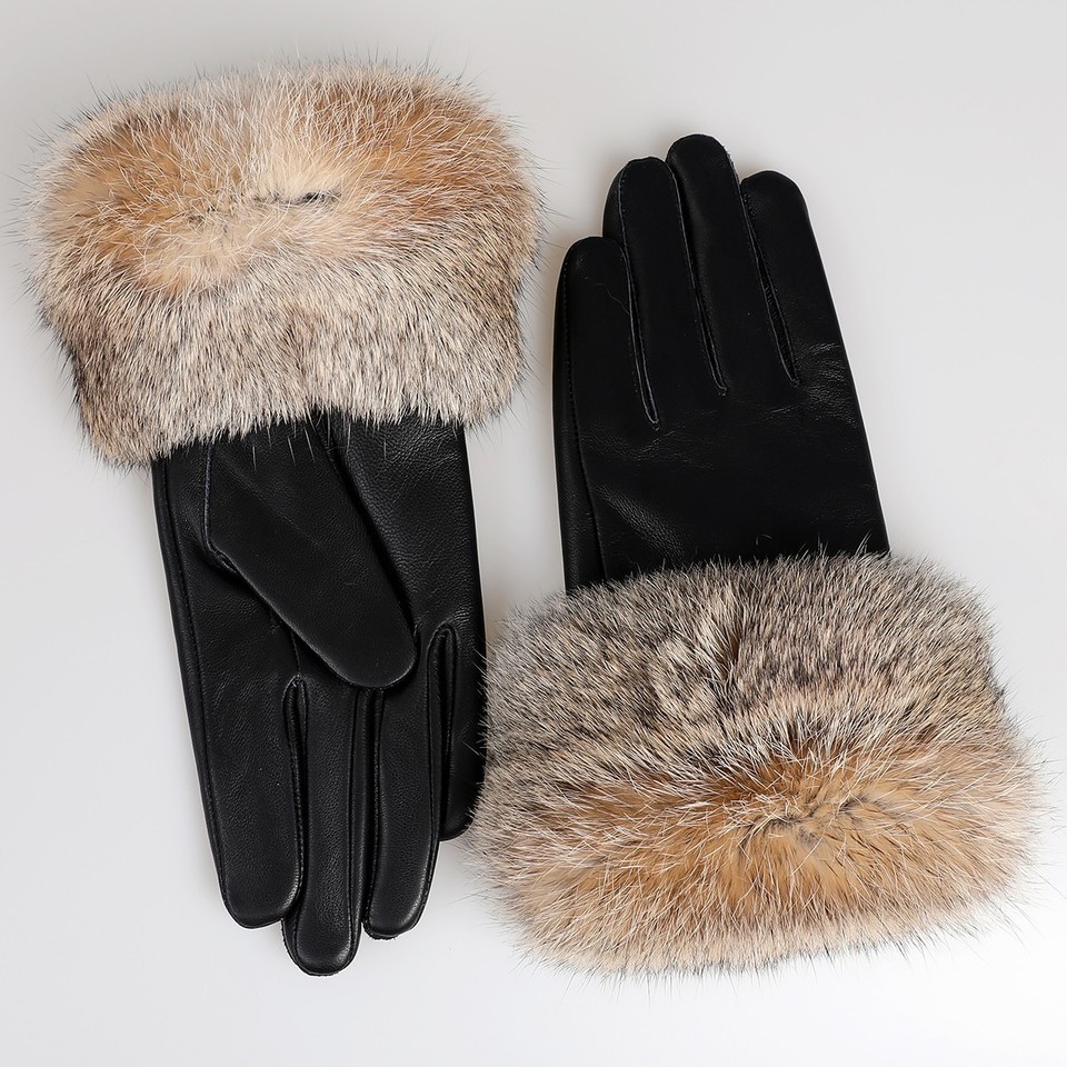 Women's Genuine Leather Gloves Rabbit Fur Trim Cuff Velvet Lined Winter ...