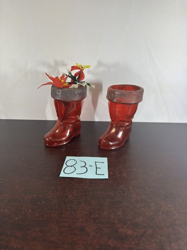 2 Vtg Rosbro Hard Plastic Red Santa Boot Containers Poinsettia Flower ...