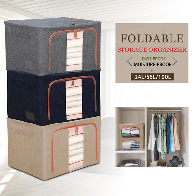 24L/66L/100L Foldable Storage Box Steel Frame Clothes Quilt Toys ...