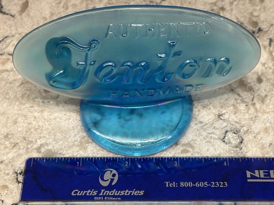 Fenton Glass Blue Iridescent Dealer Display Oval Sign | eBay