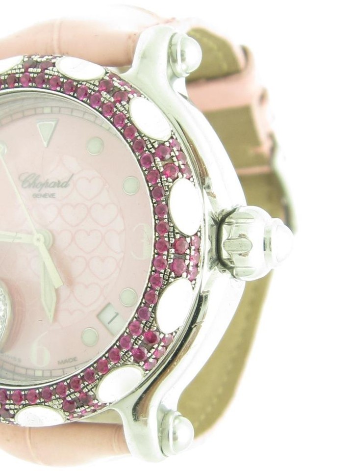 Chopard Happy Sport Pave Heart Floating Diamonds Red Ruby Bezel Watch w ...