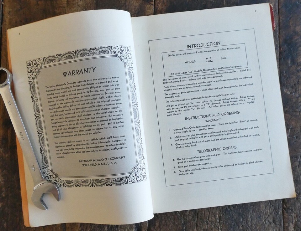 1941 INDIAN MOTORCYCLE ORIGINAL FACTORY MANUAL BOOK 441 FOUR 30.50 ...