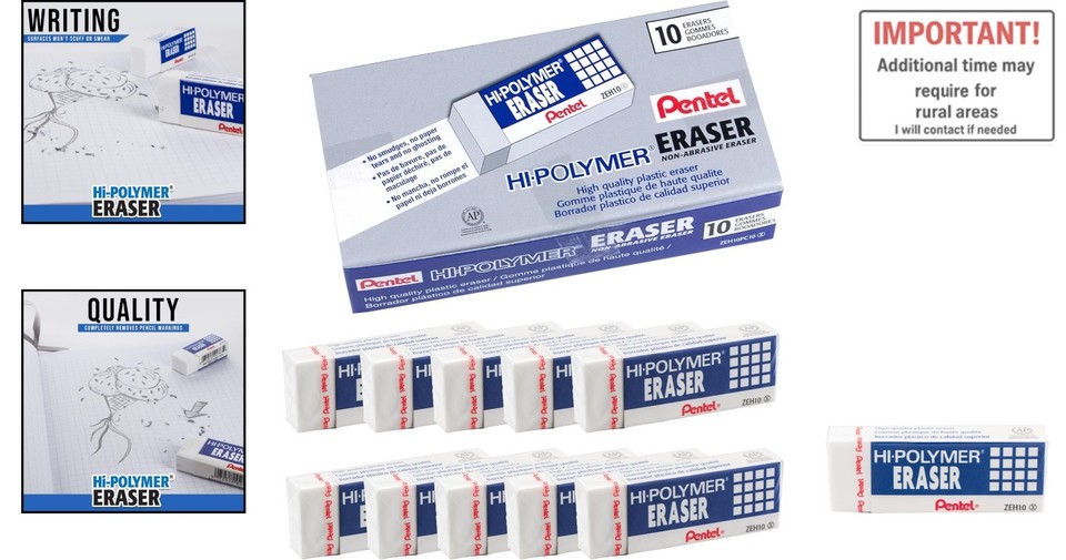 White Block Eraser Set, 10 Hi-Polymer Erasers - Tear & Smudge Resistant ...