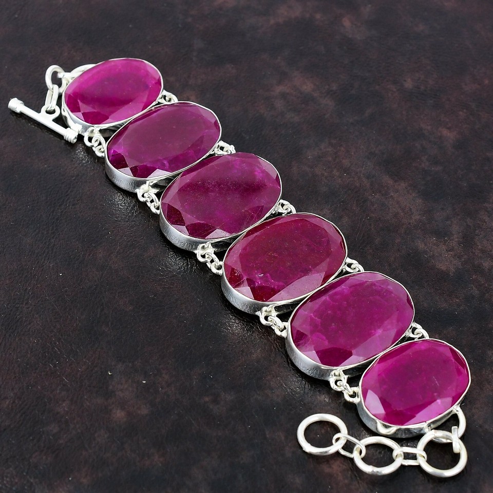 Kashmir Rubi Gemstone 925 Sterling Silver Chain Ethnic Bezel Bracelet ...