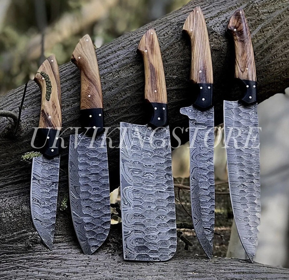 Damascus Steel Knife Set of 5 Custom Handmade Forged Chef Kitchen ...