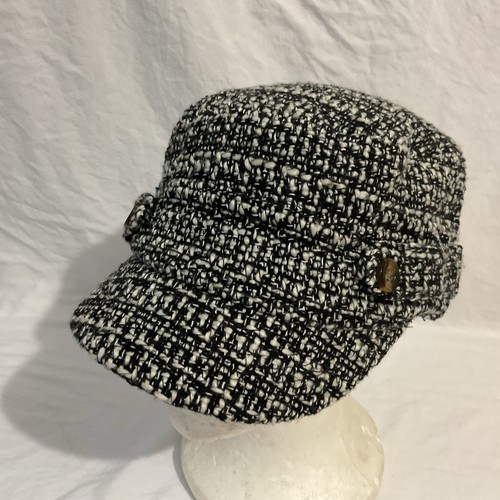 Tweed Cadet Cap Hat Black White with Button Accents GH Bass Womens One ...