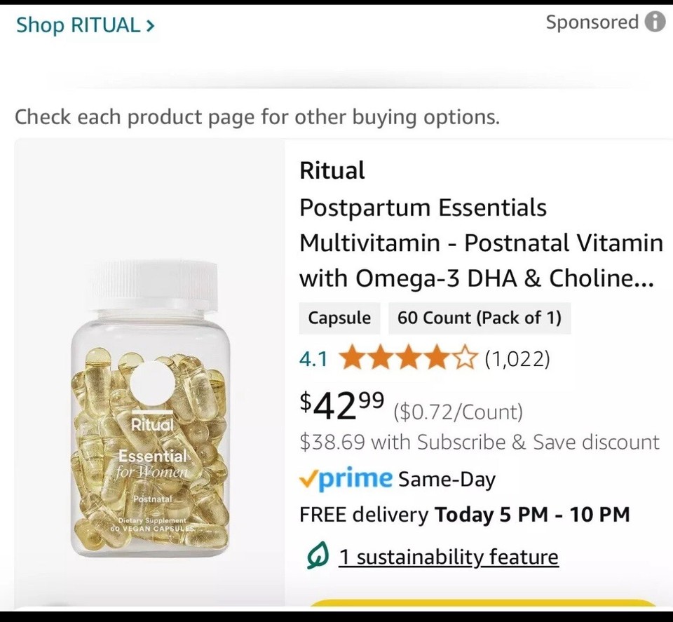 (3)Ritual Essentials Postnatal Multivitamin*(BBD-unknown) w/Omega-3 DHA ...