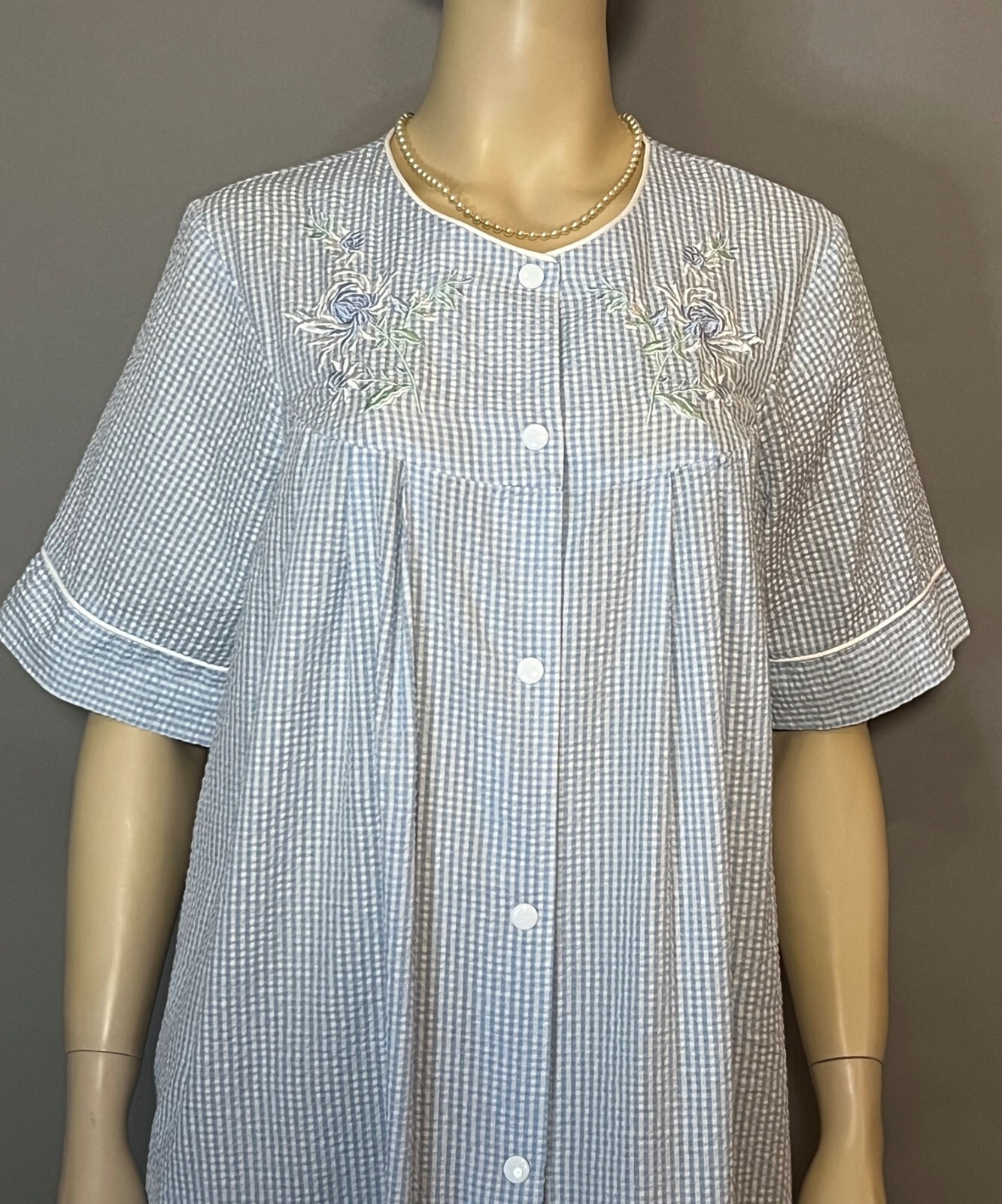 Miss Elaine long seersucker button front robe Blue ch… - Gem