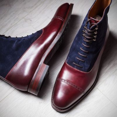 Handmade Men two tone lace up boots for men, Men Maroon and Navy suede ...