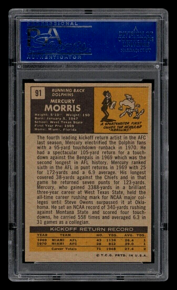 1971 Topps Football #91 Mercury Morris RC PSA 8 NM-MT Rookie (R) Miami ...