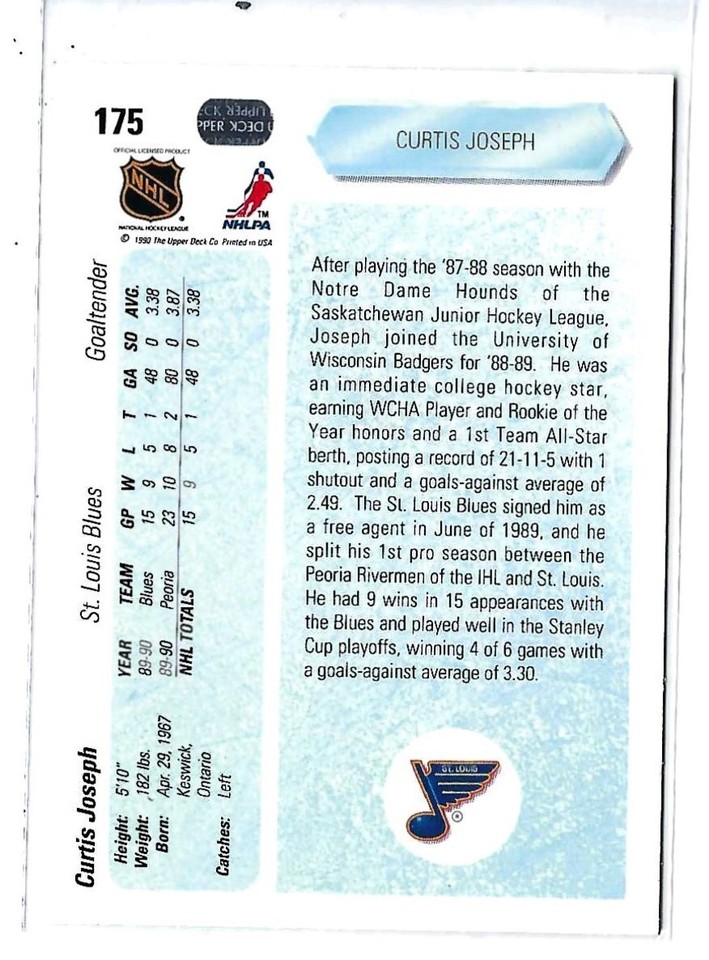 1990-91 Upper Deck Curtis Joseph - St. Louis Blues | eBay