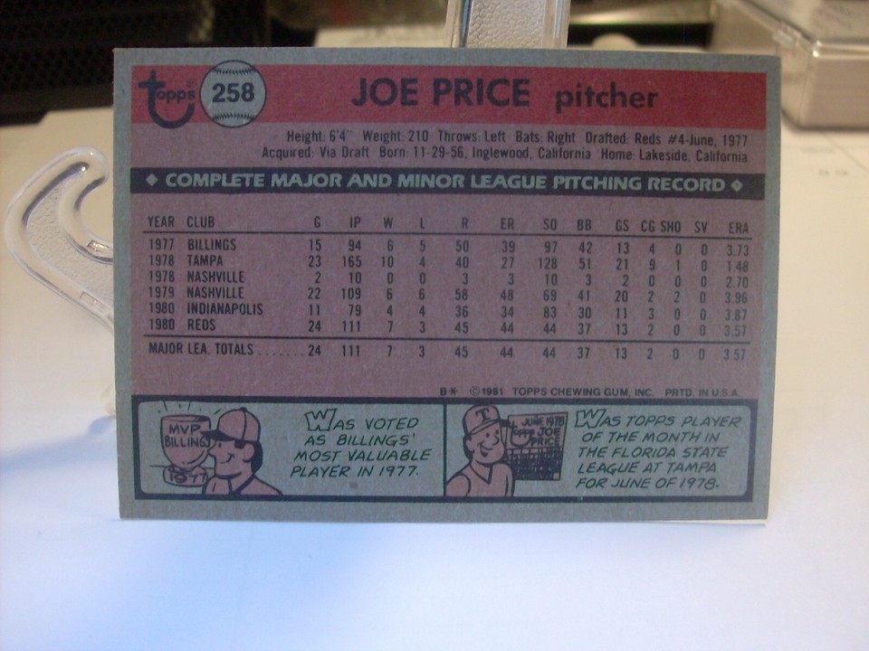 1981 Topps Baseball #258 - Joe Price RC - Cincinnati Reds 81-370 | eBay