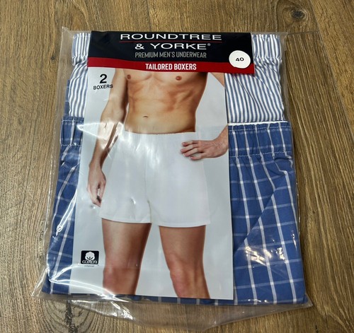 Roundtree & Yorke Mens Blue White 2-Pack Cotton Tailored Boxers Size 40 ...