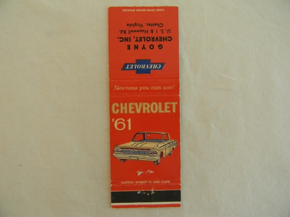 Chester Virginia automotive 61 Chevrolet U. S. 1 matchbook | eBay