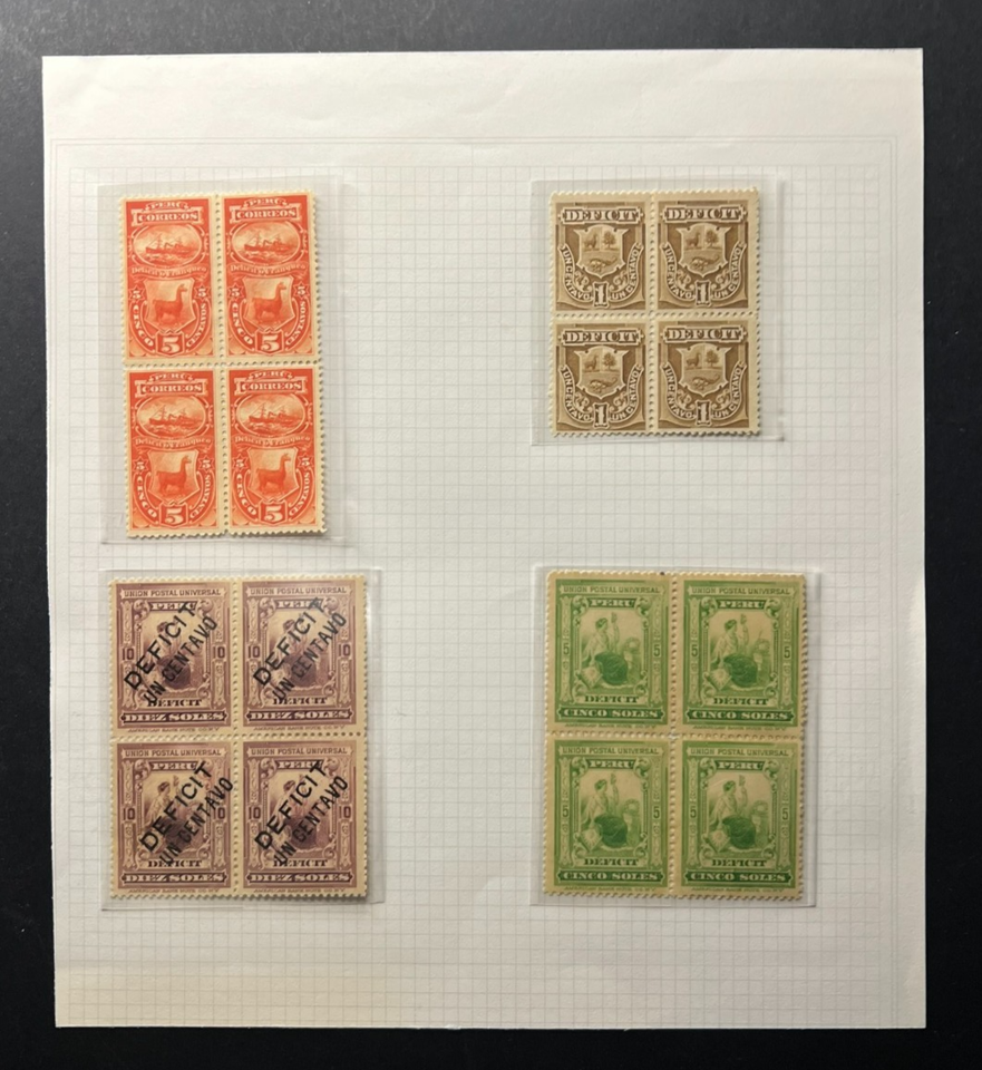 Peru Stamps 1895-10 Fine Collection Postage Dues Deficit O/P Blocks 4 ...