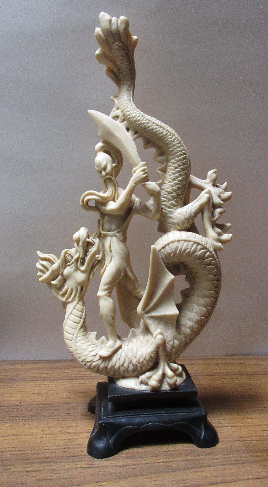 Vintage Oriental Carved Warrior With Sword Fighting Dragon Statue ...