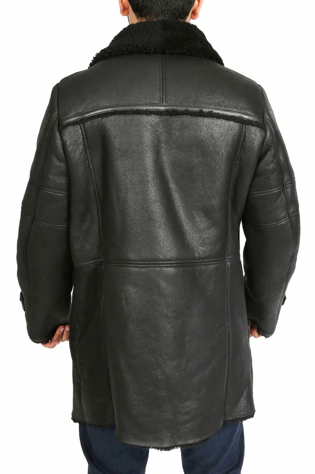 Mens Genuine Sheepskin Reefer Coat 3/4 Long Double Breasted Shearling ...